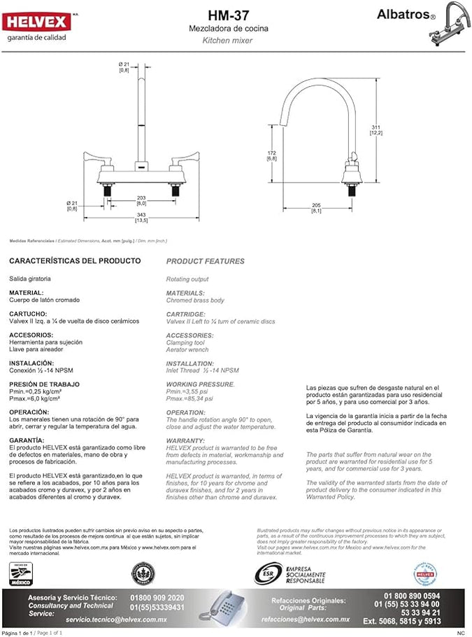 Mezcladora HELVEX HM-37 Albatros para Cocina - Durabilidad y Diseño Cromado — Grupo SAR